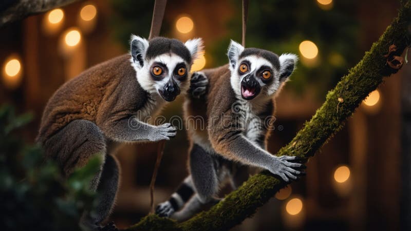 Adorable Ring-tailed Lemurs Playfully Perched on a Mossy Branch at ...
