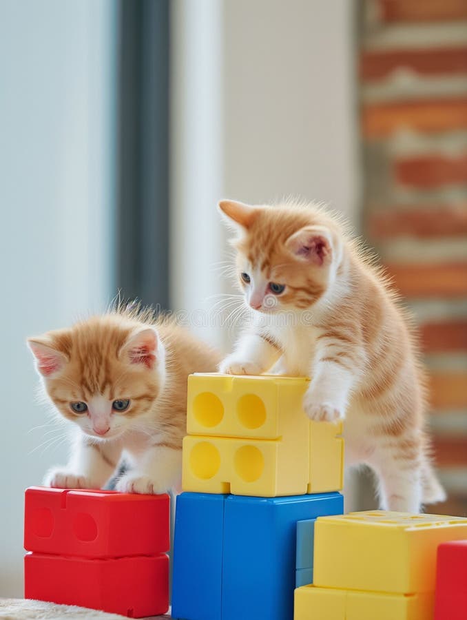 Two Playful Orange Tabby Kittens Climbing Colorful Building Blocks ...