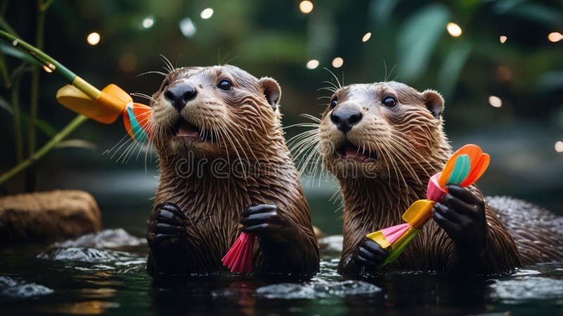Playful Otters Enjoying Colorful Toys in Water Stock Illustration ...