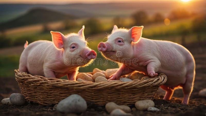 Adorable Piglets in Basket at Sunset Stock Illustration - Illustration ...