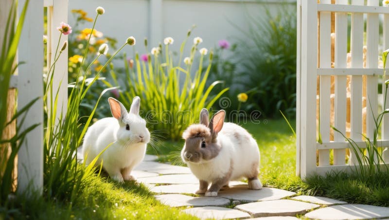 Two Playful Rabbits Exploring Their Green Enclosure in a Sunny Backyard ...