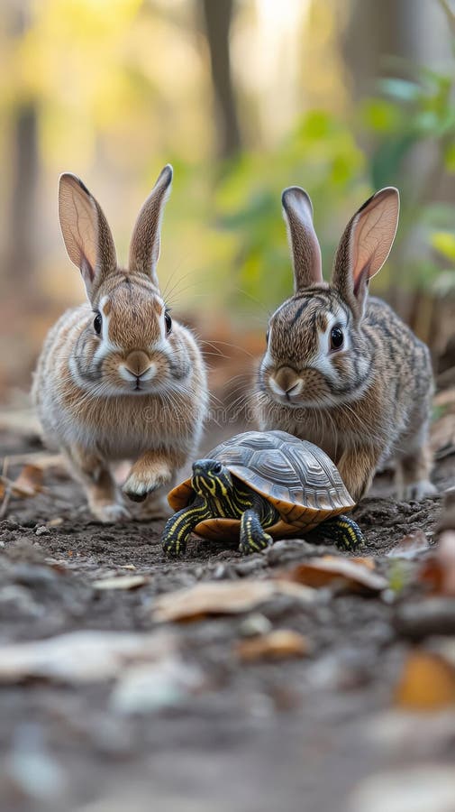 Rabbits Racing Alongside a Turtle in a Dusty Outdoor Environment during ...