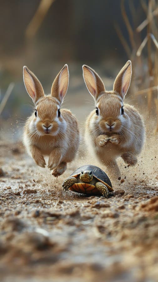 Rabbits Racing Alongside a Turtle in a Dusty Outdoor Environment during ...