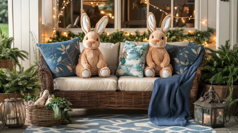Two Plush Bunnies Relax on a Porch Couch, Celebrating the Joy of Easter ...