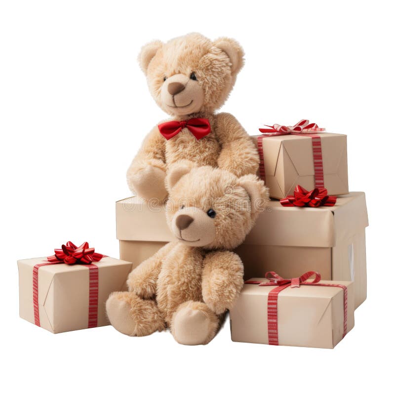 Two Plush Teddy Bears Sitting on Stacked Gifts with Red Bows Stock ...