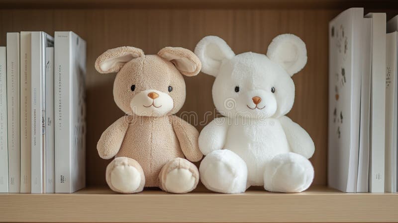 Two Plush Toys, a Bunny and a Mouse, Sitting on a Bookshelf Stock Image ...