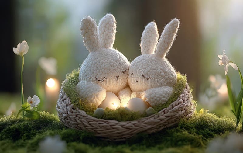 Two Plush Toys Sit in a Basket Filled with Colorful Easter Eggs. Stock ...
