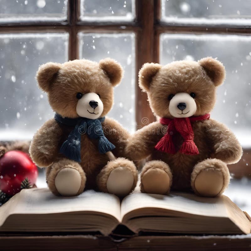 Two Plush Toys Sitting Side-by-side on a Windowsill, with an Open Book ...