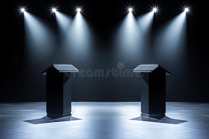 Two Podiums Awaiting Speakers in Dramatic Spotlights for a Political ...