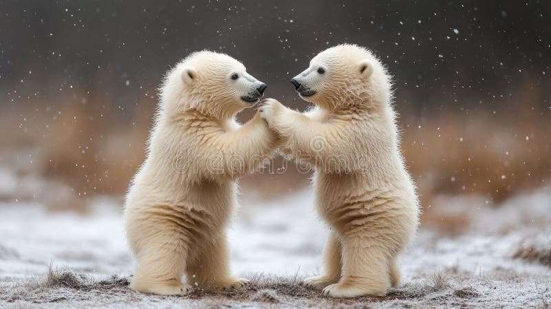 Two Polar Bear Cubs Playing in Falling Snow Stock Illustration ...