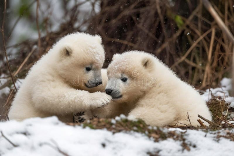 Two Polar Bear Cubs Roll Around in the Snow, Play-fighting and ...