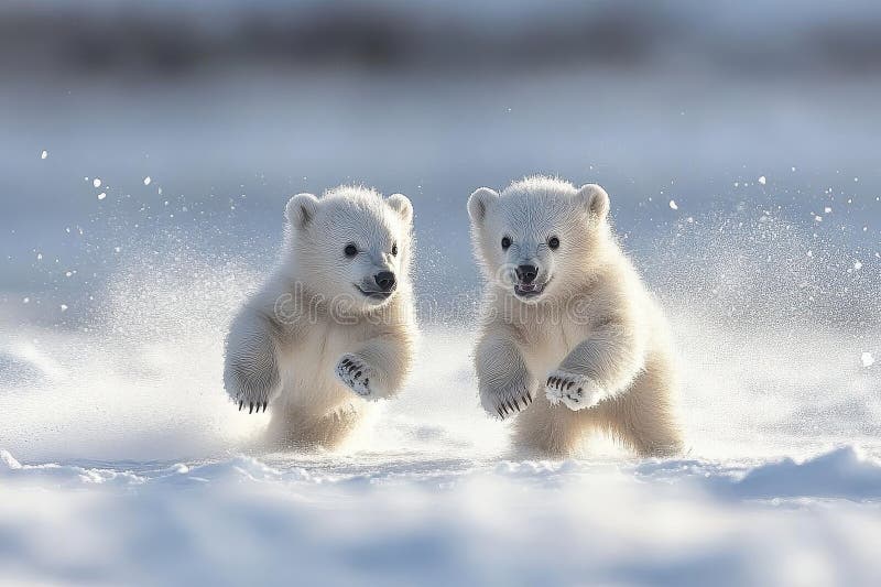Two Polar Bear Cubs Running in the Snow Stock Illustration ...
