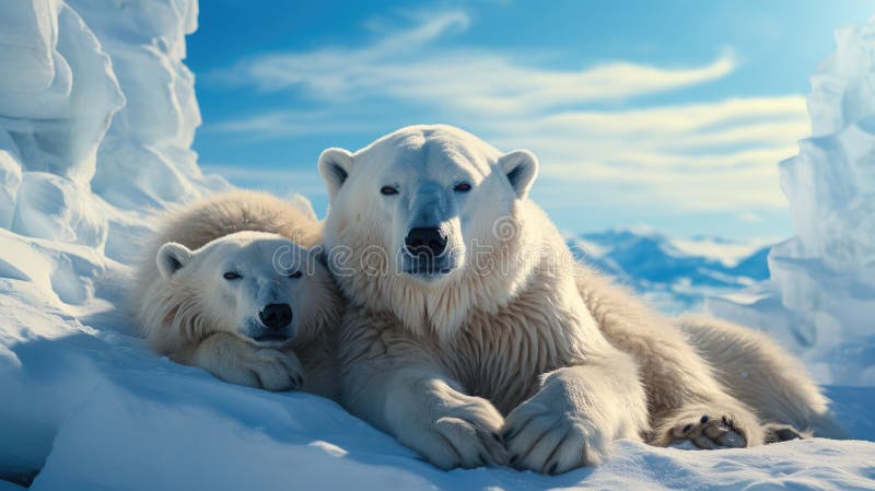 Two Polar Bears Relaxed on Drifting Ice with Snow, Two Animals Playing ...