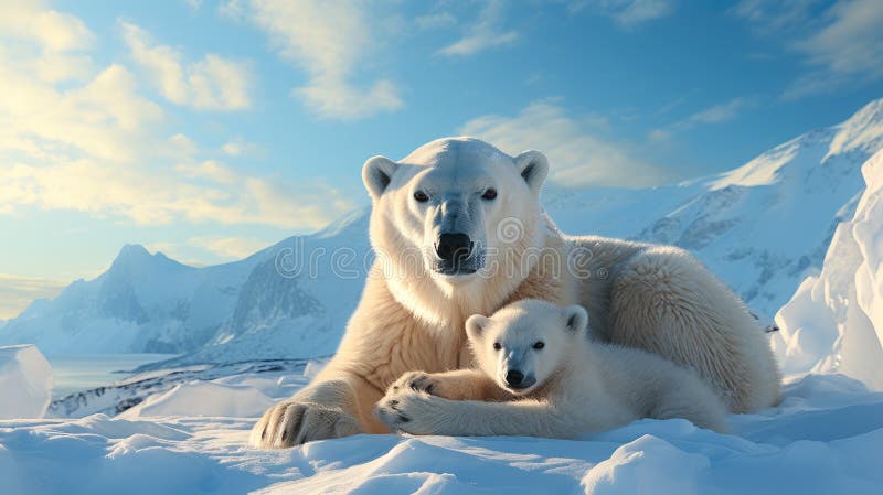 Two Polar Bears Relaxed on Drifting Ice with Snow, Two Animals Playing ...