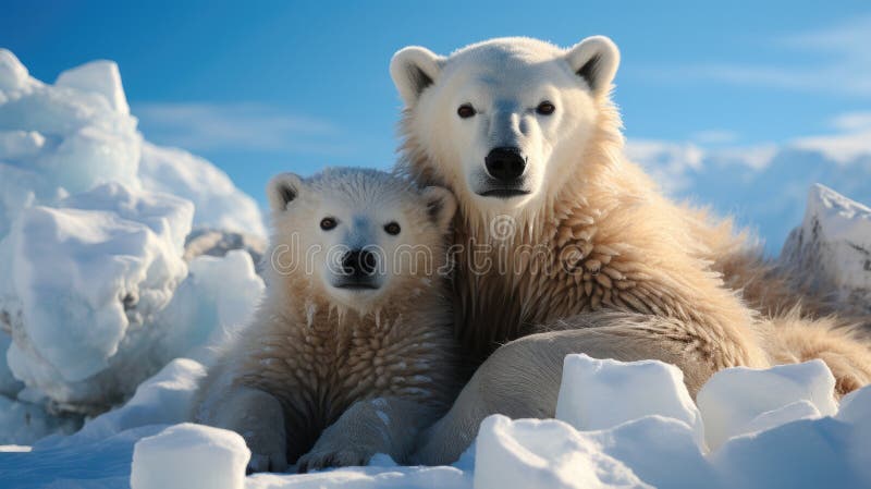 Two Polar Bears Relaxed on Drifting Ice with Snow, Two Animals Playing ...