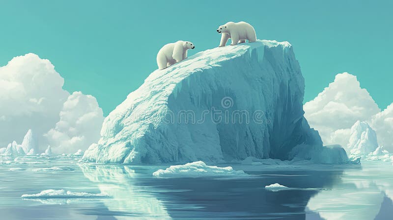 Two Polar Bears Standing on a Large Ice Block. the Scene is Set in a ...