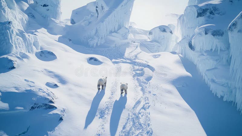 Two Polar Bears Walk on a Snowy Path through an Icy Landscape Stock ...
