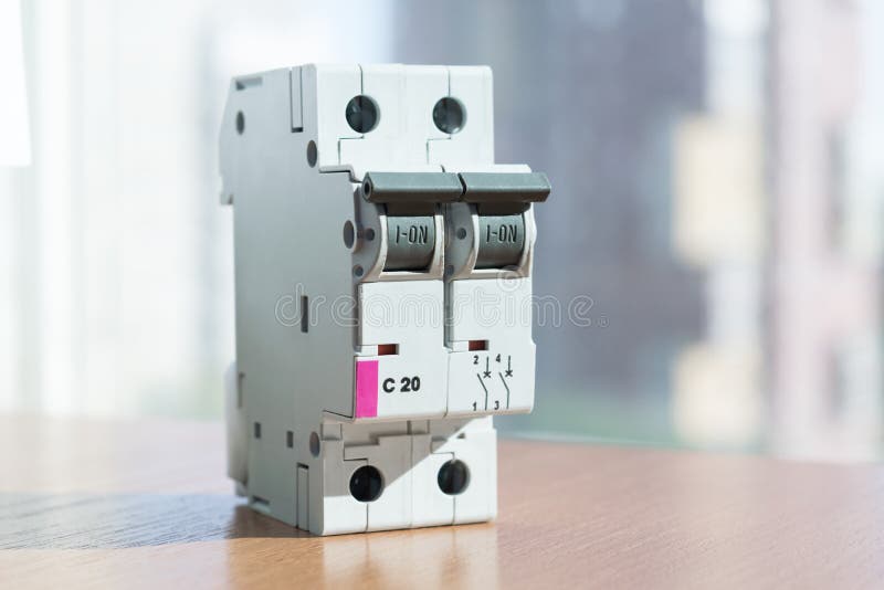Two-pole Modular Circuit Breaker is on the Table, Front View. Stock ...