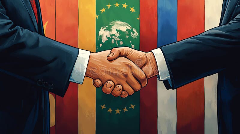 Two Politicians Shake Hands in Front of Multiple Country Flags ...