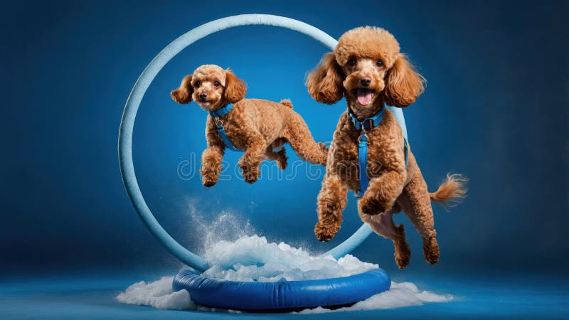 Two Poodles Joyfully Jumping through a Hoop Above a Splash of Water ...