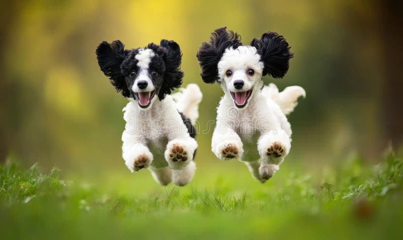 Two Poodles Running in a Field Stock Photo - Image of terrier, pets ...