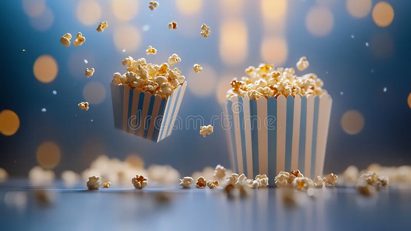 Two Popcorn Buckets with Popcorn Floating in Blue Light Stock ...