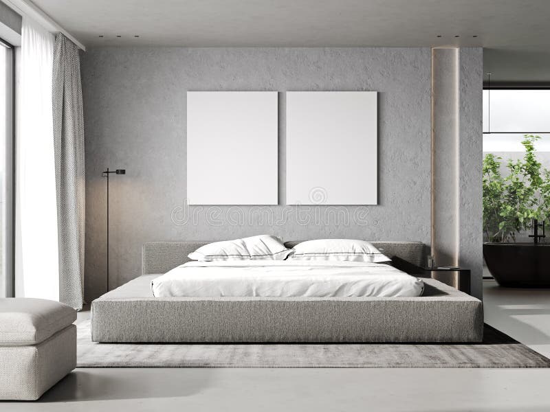 Two Poster Frames Mockup in Minimalist Bedroom Interior, Gray Tones, 3d ...
