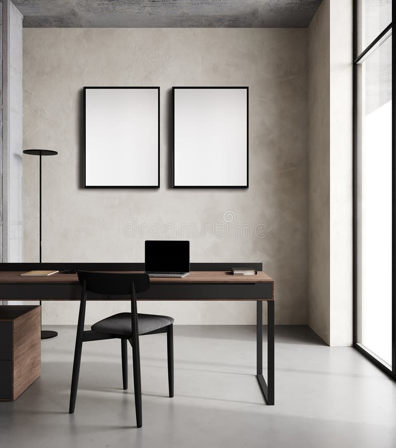 Two Poster Frames Mockup in Minimalist Office Interior, Workplace, 3d ...