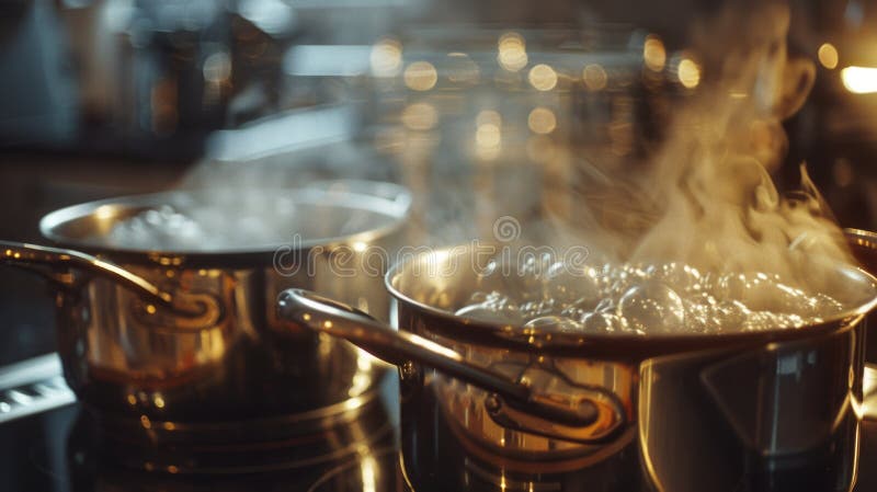 Two Pots Cooking on a Stove with Gas Burners Stock Photo - Image of ...