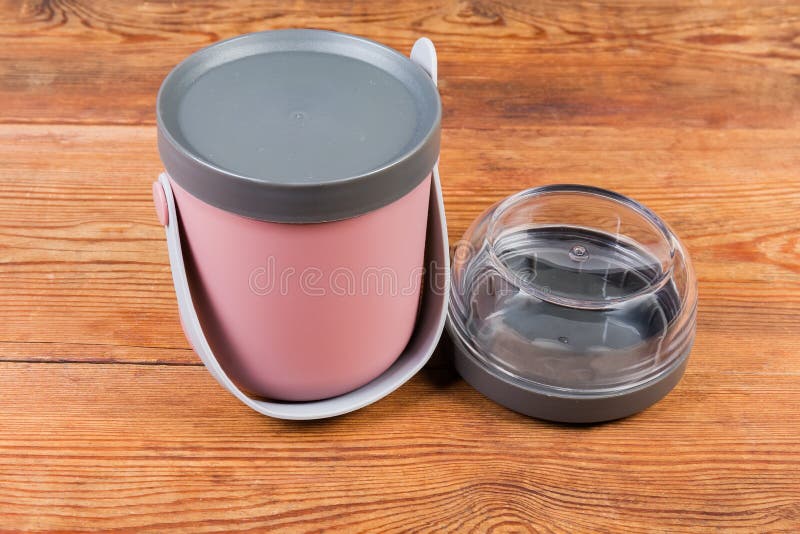 Two Pots of Dual Plastic Lunch Box on Rustic Table Stock Photo - Image ...