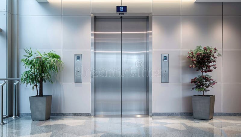 Two Potted Plants Stand in Front of an Empty Elevator in a Building ...