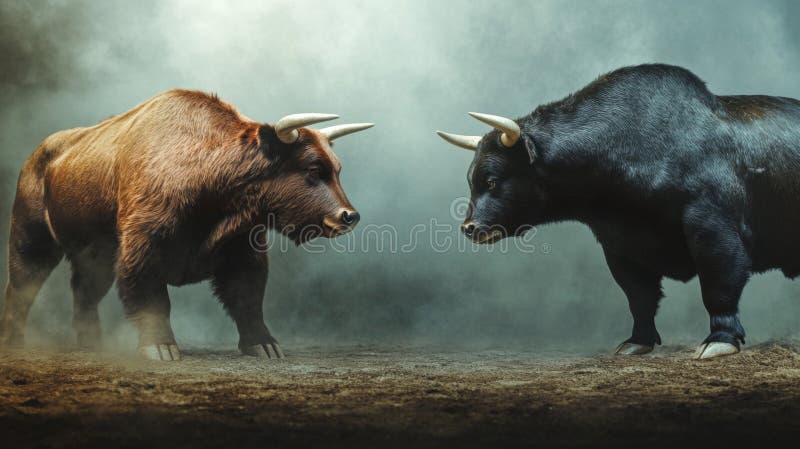 Two Powerful Bulls Confronting Each Other in a Dusty Arena Stock ...