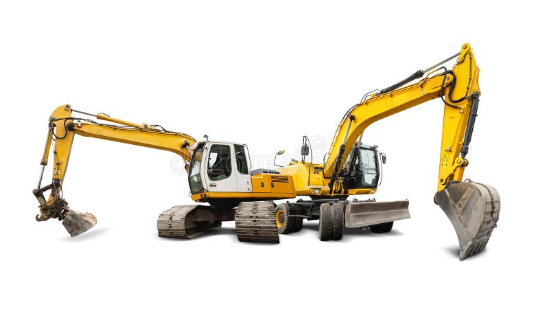 Two Powerful Excavators, One Crawler and One Wheeled, Ideal for Construction Projects and ...