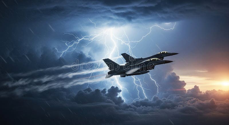 Two Powerful Fighter Jets Soaring through a Dramatic Thunderstorm with Intense Lightning and ...