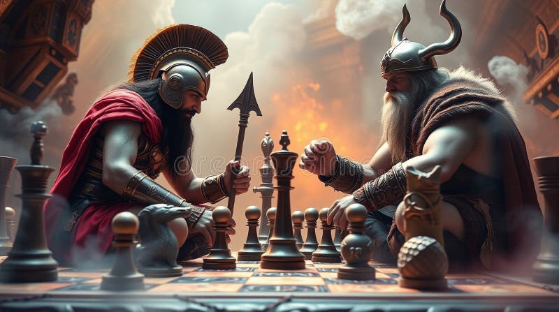 Epic Chess Match between a Spartan Warrior and a Viking. Ancient ...