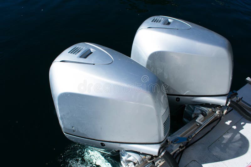 Two Powerful Outboard Engines on the Boat. Calm Clear Water Stock Photo ...