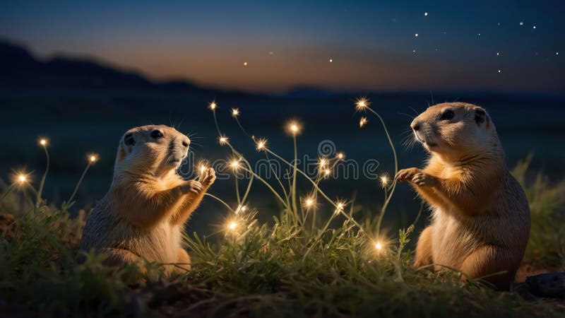 Two Prairie Dogs Admire Glowing Night Flowers Stock Illustration ...