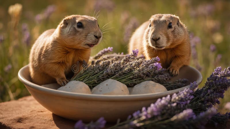 Two Prairie Dogs Sit beside a Bowl of Lavender and Round Objects in a ...