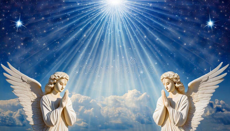 Two Praying Angels with Rays of Light Over Blue Sky with Stars with ...