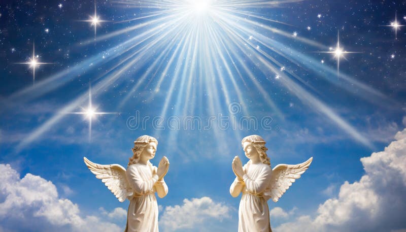 Two Praying Angels with Rays of Light Over Blue Sky with Stars with ...
