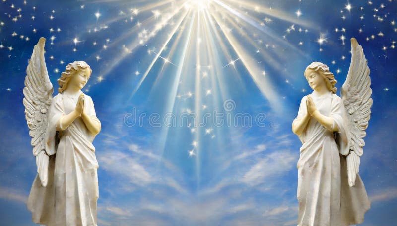 Two Praying Angels with Rays of Light Over Blue Sky with Stars with ...