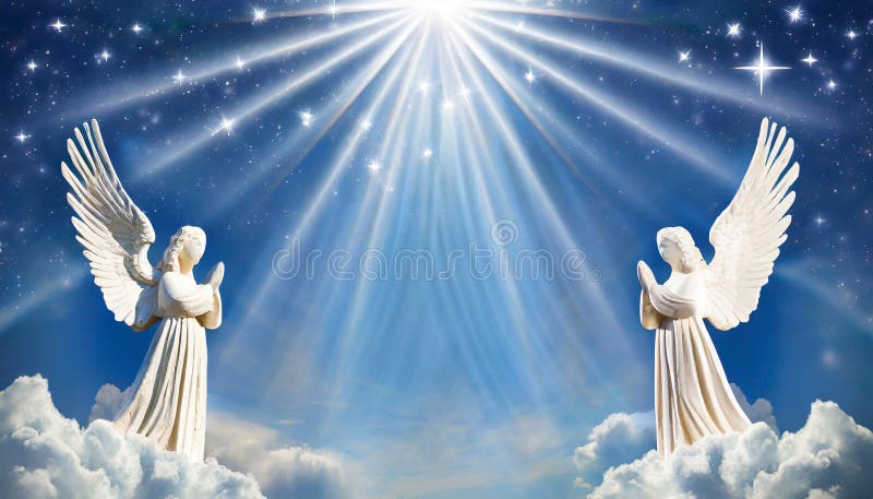 Two Praying Angels with Rays of Light Over Blue Sky with Stars with ...