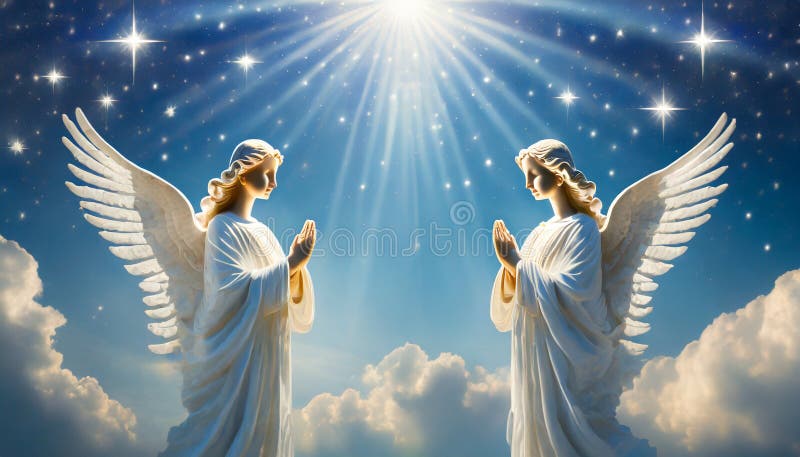 Two Praying Angels with Rays of Light Over Blue Sky with Stars with ...