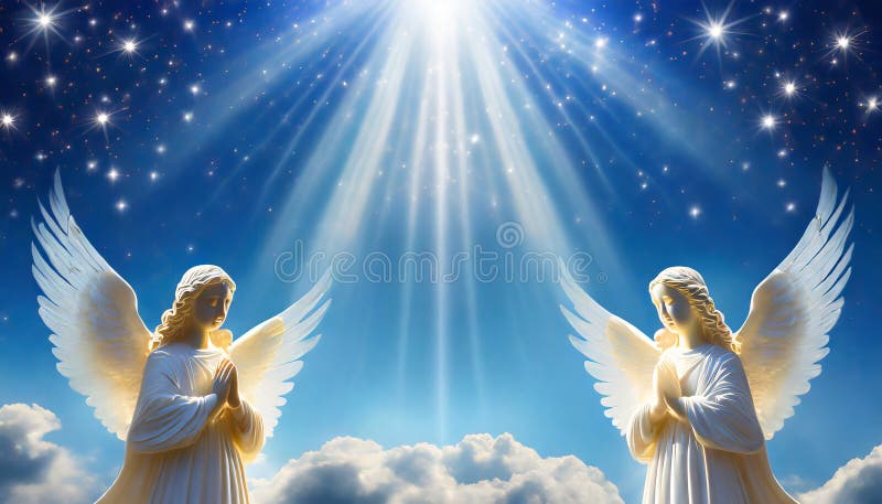 Two Praying Angels with Rays of Light Over Blue Sky with Stars with ...