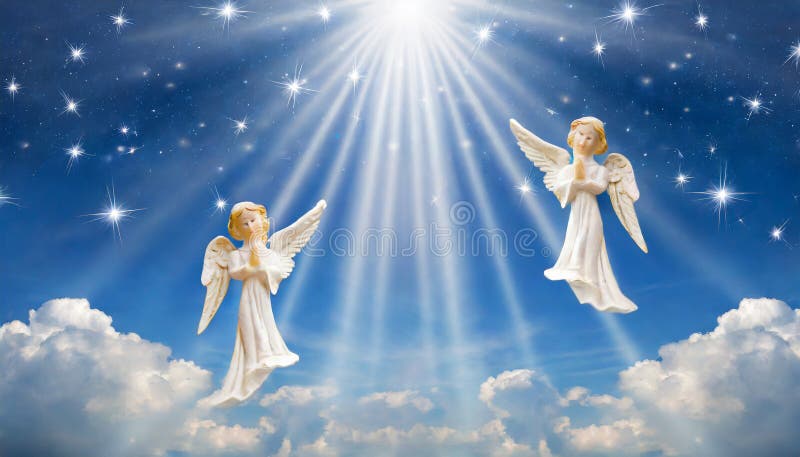 Two Praying Angels with Rays of Light Over Blue Sky with Stars with ...