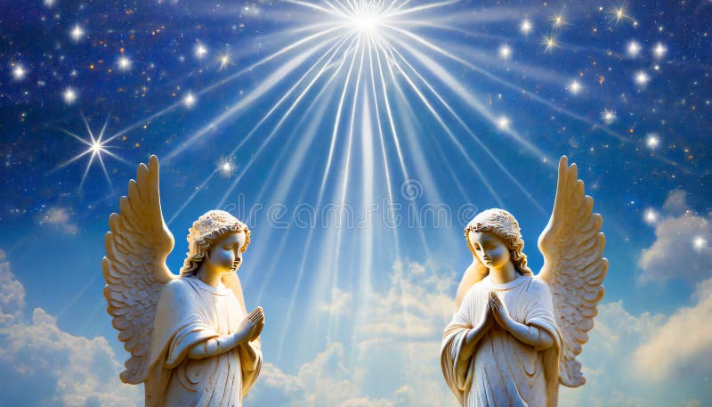 Two Praying Angels with Rays of Light Over Blue Sky with Stars with ...