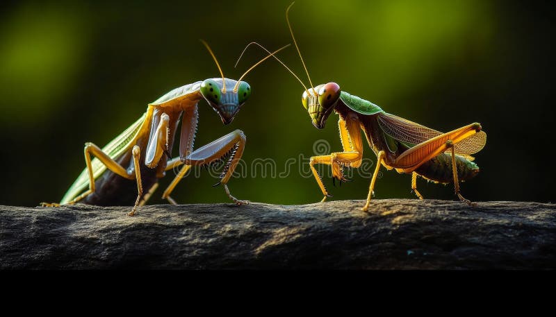 Two Praying Mantis Pose Dramatically on a Branch, Wildlife Portrait on ...
