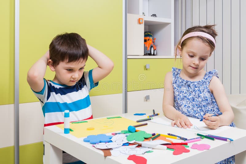 Two Preschool Child Create Shapes and Designs Stock Photo - Image of ...