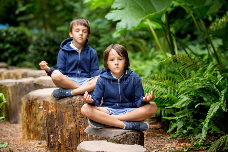 Two Preschool Children, Boy Borothers, Sitting on Tree Trunks in Forest ...