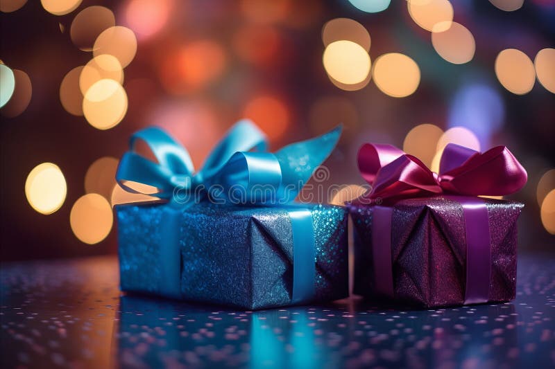 Two Presents with Blue and Purple Ribbons on a Table with Bokeh Lights ...